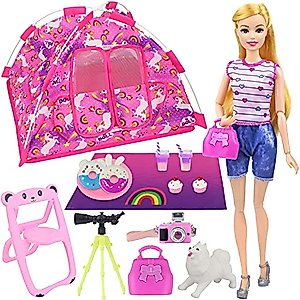Ecore Fun 15 Pcs Doll Camping and Accessories Set for 11.5 Inch Girl Doll Includes Doll Tent, Clothes, Chair, Camera, Drink, Cupcake, Donut, Telescope, Toy Dog, Bag