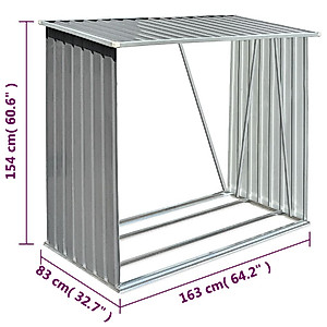 vidaXL Firewood Rack, Log Holder with Roof, Log Storage, Firewood Stand for Outdoor Backyard Garden Patio Porch, Gray Galvanized Steel 64.2"