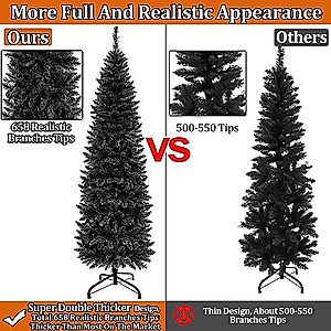 6 Ft Prelit Black Halloween Christmas Tree, 240 LED Warm Lights, 658 Thick Branch Tips, Fire-Resistant, UL Plug, Metal Stand, Hinged Pencil Xmas Tree Christmas Decorations Home Indoor Outdoor