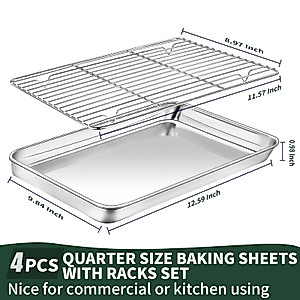 Quarter Sheet Pan with Wire Rack Set [2 Baking Sheets + 2 Cooling Racks], CEKEE Stainless Steel Cookie Sheets for Baking with Baking Rack, Nonstick Heavy Duty & Dishwasher Safe, Size 12 x 10 x 1 Inch