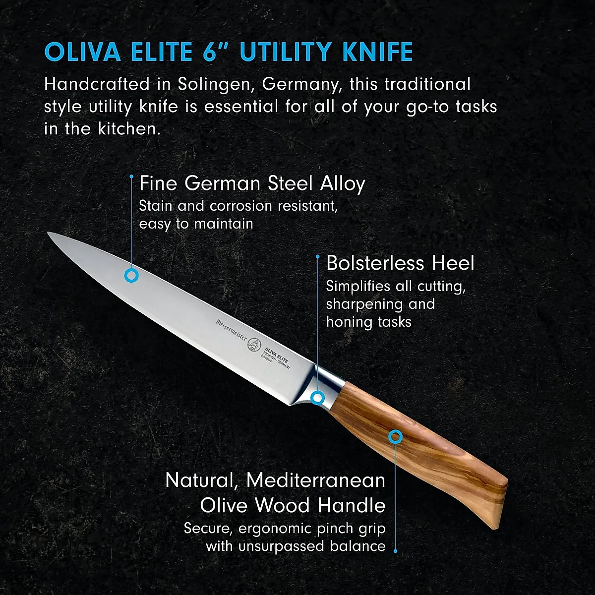 Messermeister Oliva Elite 6” Utility Knife - Fine German Steel Alloy Blade & Natural Mediterranean Olive Wood Handle - Rust Resistant & Easy to Maintain