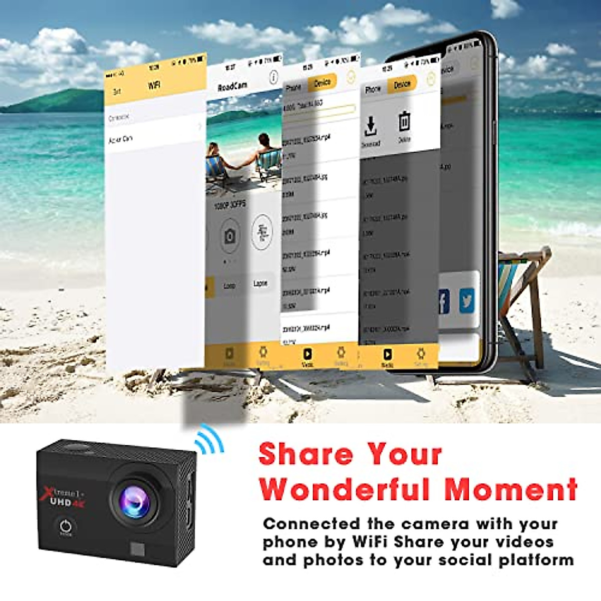 Action Camera 4K,20MP 40M Underwater Waterproof Camera,2.0'' LCD Screen WiFi 170° Wide Angle EIS Sports Cam with External Microphone Remote Control 2x1050mAh Batteries and Helmet Accessories Kit