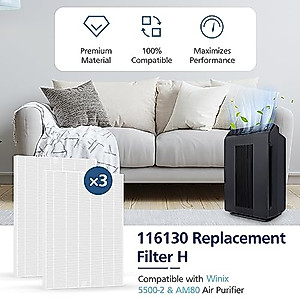 116130 True HEPA Replacement Filter H for Winix 5500-2 AM80 Air Purifier, 3 Pack H13 Grade True HEPA Filter