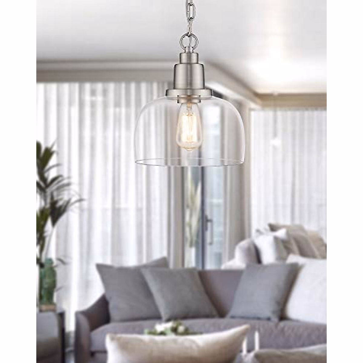 EAPUDUN Modern Farmhouse Pendant Light, 1-Light Industrial Hanging Light Fixture 9.3-inch, Brushed Nickel Finish with Clear Glass Shade, PDA1127-BNK