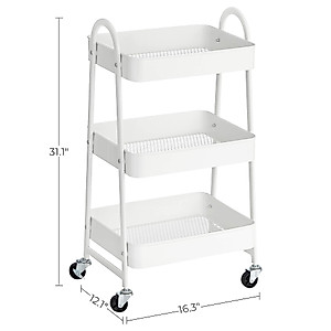 SONGMICS 3-Tier Rolling Cart, Metal Storage Cart, Kitchen Storage Trolley with 2 Brakes and Handles, Utility Cart, Easy Assembly, for Painting Utensils Bedroom Laundry Room, White UBSC068W01