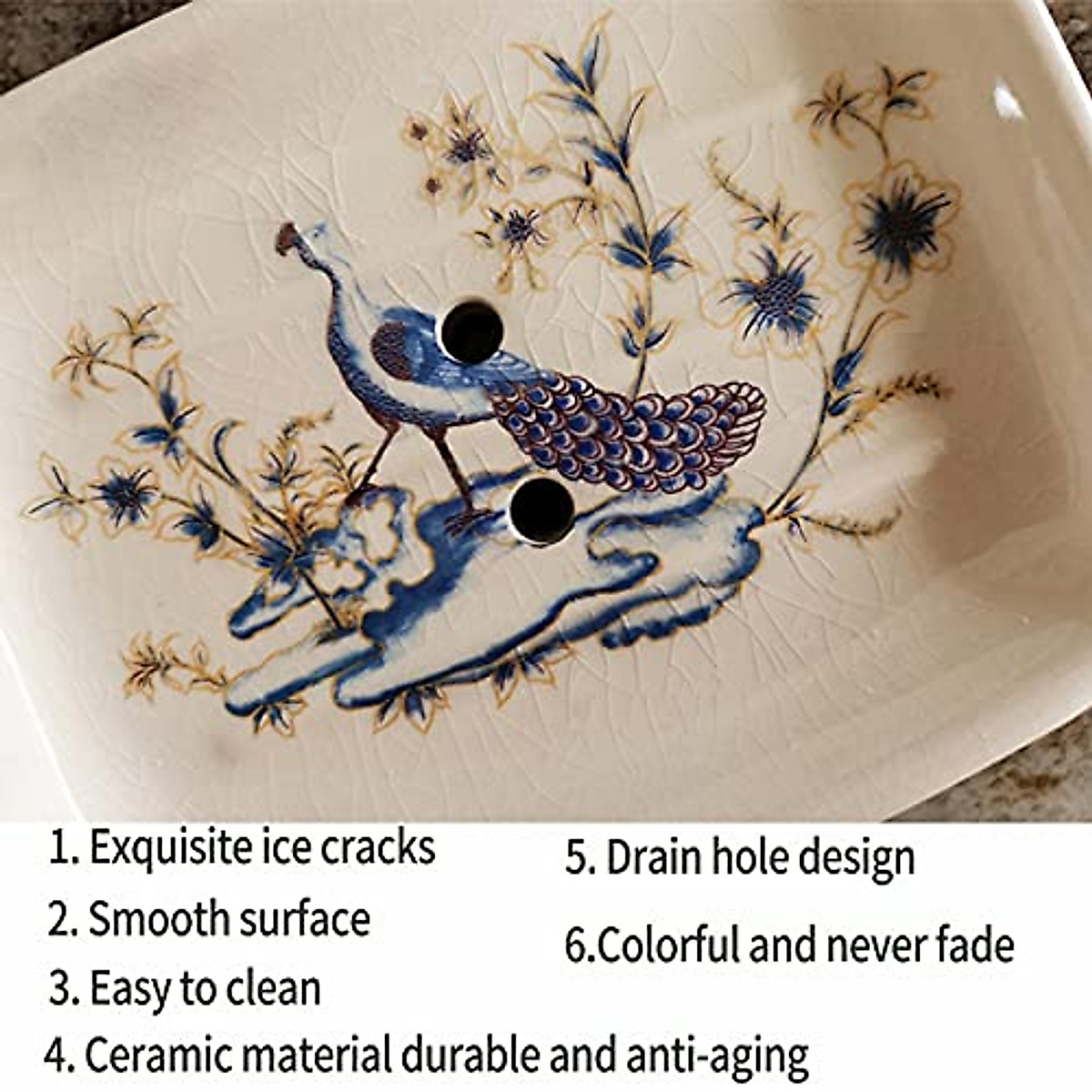 Kelake Ceramic Soap Dish, Ice Crack Ceramic Peacock and Flower Soap Dish Holder for Bathroom, Creative Porcelain Shower Soap Tray Box Bath Accessories with Two Drain Holes