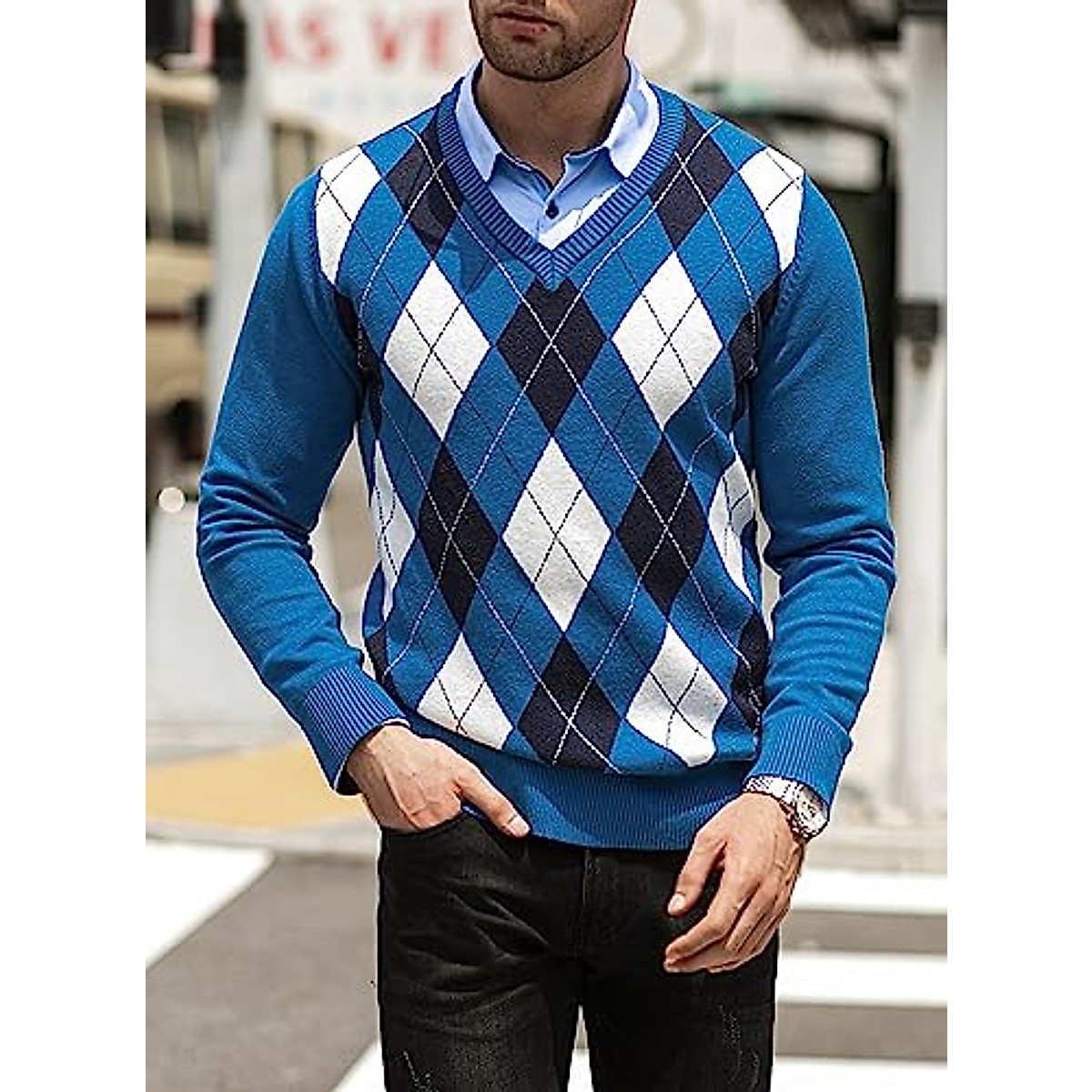 JMIERR Mens Pullover Knitted V Neck Long Sleeve Argyle Sweater, US 43(L), Sky Blue