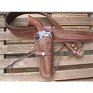 DDTnw Western Gun Belt with Tooled Holster Combo - 22 Caliber - Leather - Brown (52", Right)