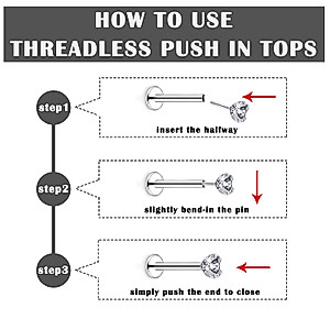 16G Threadless Push in Lip Rings Stainless Steel Labret Jewelry Monroe Lip Rings Nail Cartilage Tragus Helix Earrings Studs Nose Ring Medusa Piercing Jewelry For Women Men 3MM CZ Opal 6MM Length