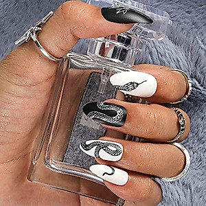 Outyua Medium Snake Press on Nails Black&White Fake Nails Matte Almond False Nails with Designs Stick on Nails Tips for Women and Girls 24Pcs (Snake)