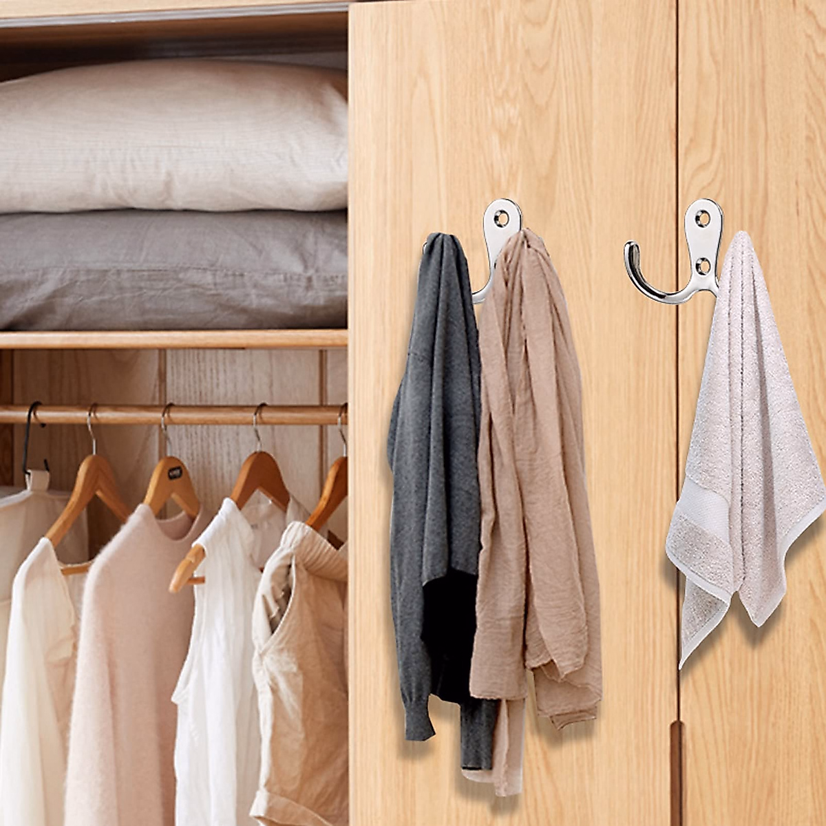 Lansonee 2 Pcs Double Prong Robe Hooks, Dual Coat Hooks Wall Mounted Hanging Clothes for Bathroom Bedroom Door Wall Retro Metal Cloth Hanger Double Coat Hooks with 4 Screws (White)