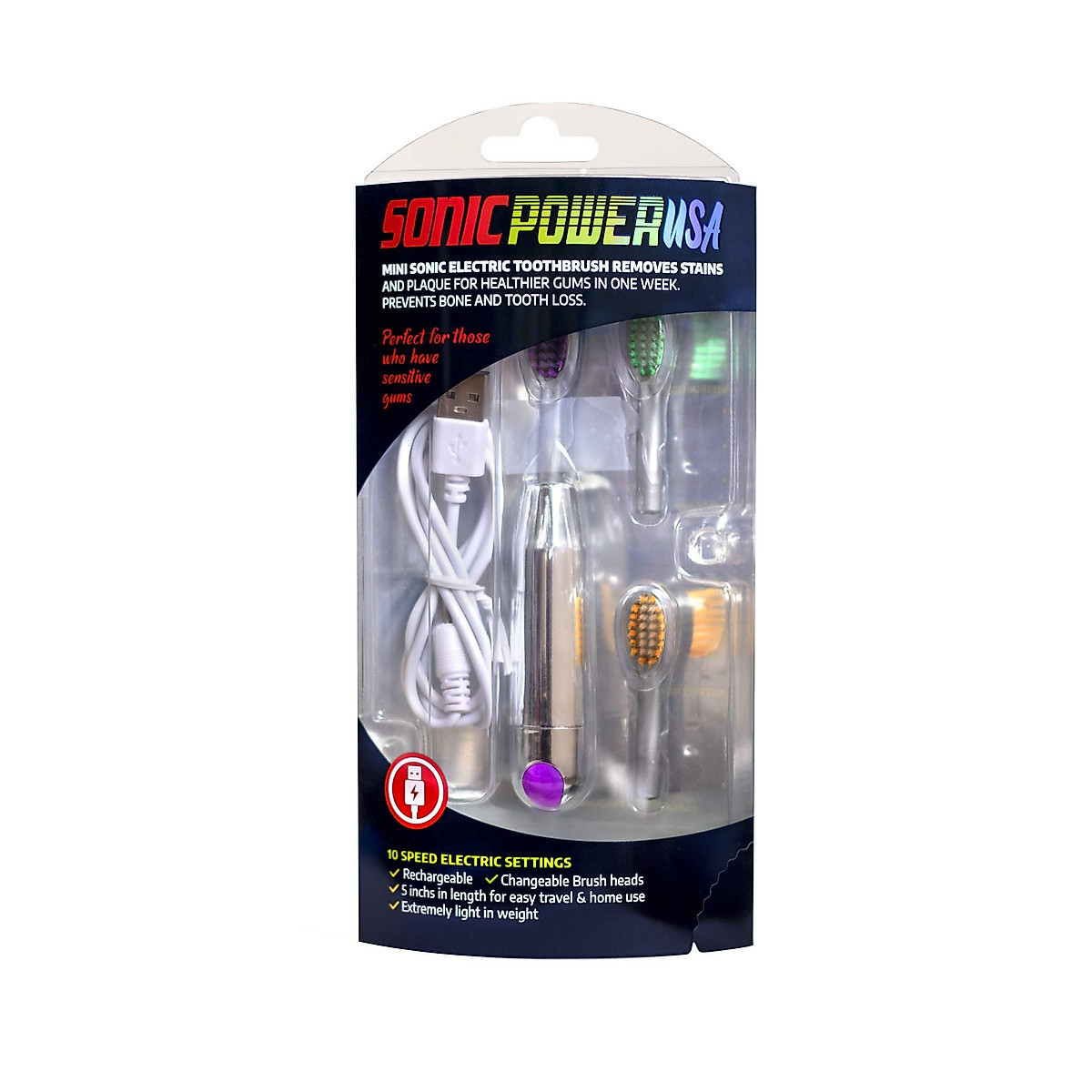 SonicPowerUSA Micro Sonic Toothbrush - Portable and Powerful Toothbrush with Rechargeable Batteries - Lightweight Electric Toothbrush with Changeable Brush Heads - Great for Travel and Easy to Use