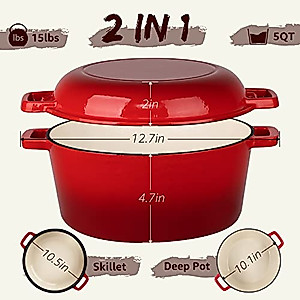 Overmont 2 in 1 Enameled Cast Iron Dutch Oven with Skillet Lid & Cookbook for Induction, Electric, Grill, Stovetop, Bread Baking (5 Quart)