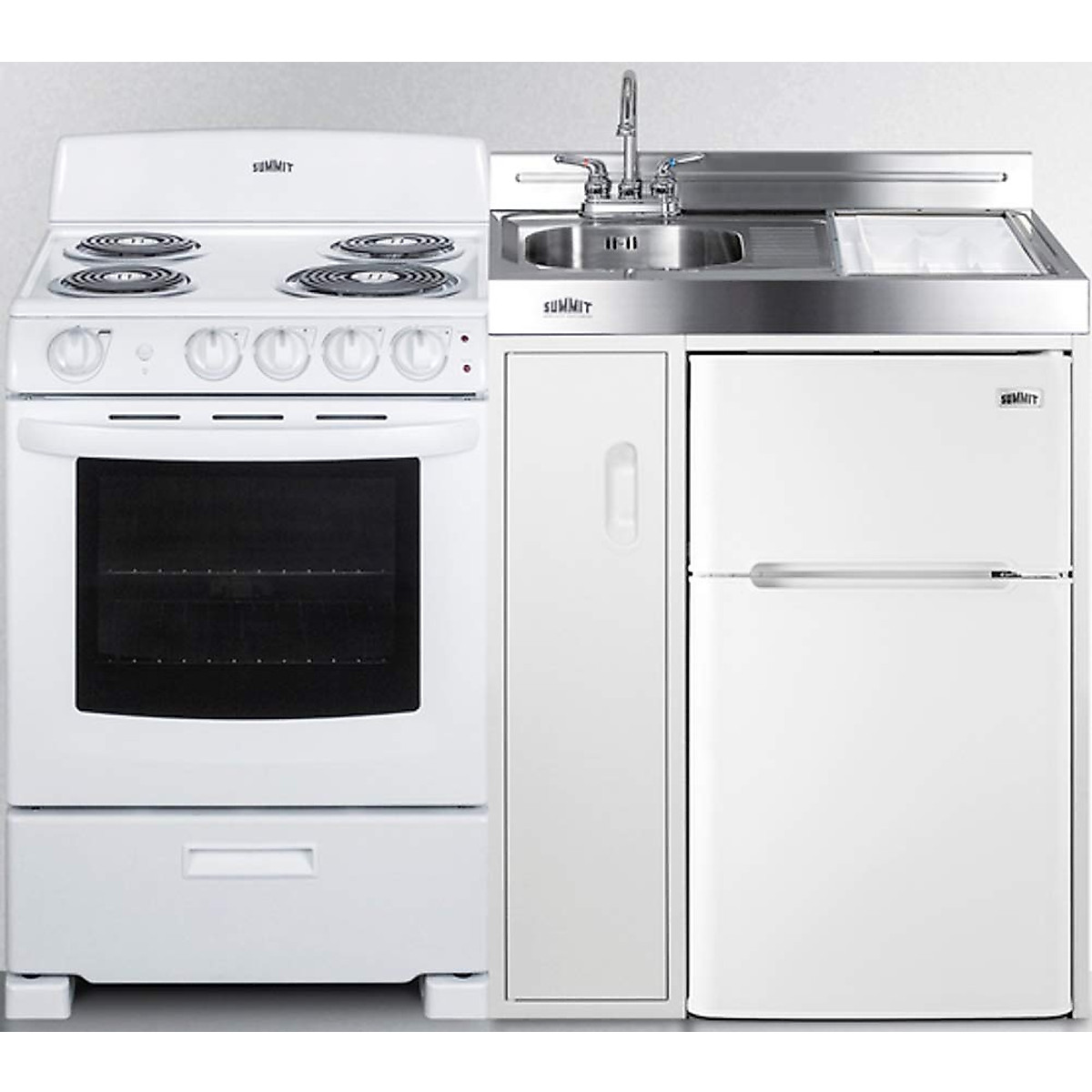 Summit Appliance ACK54COILW 54" Wide All-in-One Kitchenette with 220V 4-Element Electric Coil Range, Refrigerator-Freezer, Sink, Cutting Board and Cutlery Storage, and a Storage Cabinet