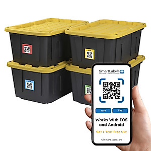 BLACK & YELLOW CX, 27-Gallon Heavy Duty Tough Storage Container with Smart QR Label for Easy Itemization, Weather-Resistant, Stackable Bin with Snap-Tight Lid (14.3”H x 20.6”W x 30.6”D) [4 Pack]