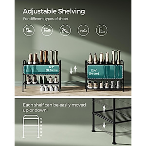 SONGMICS Shoe Rack, 3-Tier Shoe Organizer, Metal Shoe Shelf Storage with 4 Side Hooks, Holds 12 Pairs of Shoes, Height-Adjustable Shoe Rack for Entryway, Hallway, Closet, Easy Assembly, Ink Black