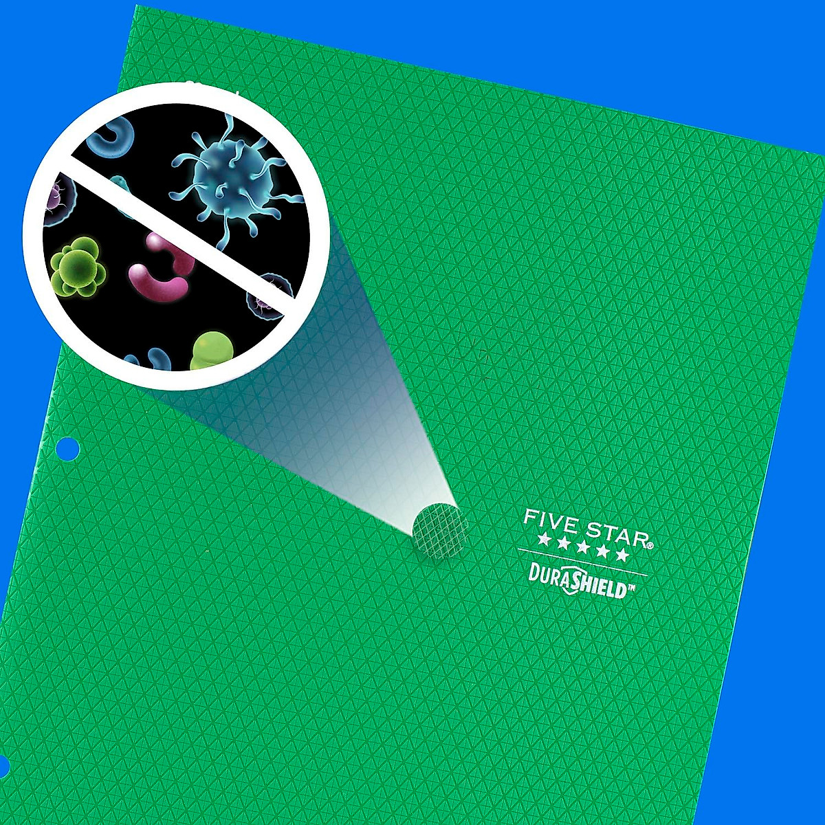 Five Star DuraShield Antimicrobial 2 Pocket Stay-Put Plastic Folders, 4 Pack, Holds 11" x 8-1/2", Black, Red, Electric Green, Cobalt Blue (330010)