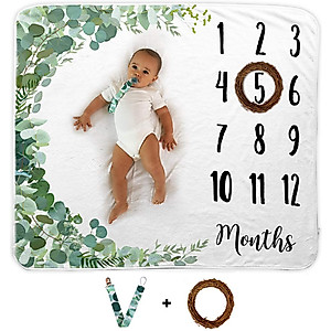 Baby Monthly Milestone Blanket | Includes Wooden Wreath and Pacifier Clip | 1 to 12 Months | Premium Extra Soft Fleece | Best Photography Backdrop Prop for Newborn Boy & Girl