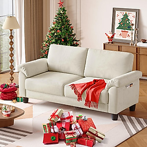 70" Living Room Couch Sofa, Mid Century Modern Loveseat with Storage Bag, Velvet Deep Couches for Small Spaces, Bedroom, Apartment, Office, Removable Sofa Cover Spring Cushions, Easy to Install, Beige