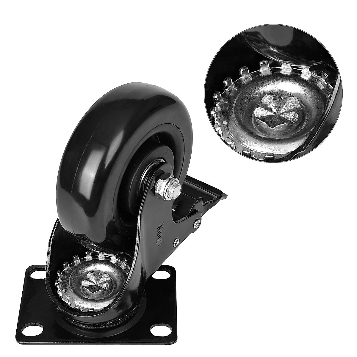 Moogiitools 4" Swivel Rubber Caster Wheels with Safety Dual Locking Heavy Duty 1800lbs Casters Set of 4 Black (All with Brake)