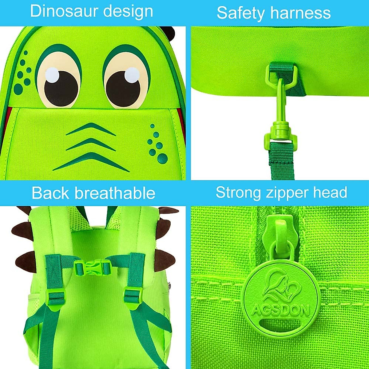 AGSDON Toddler Backpack Leash, 9.5" Safety Harness Dinosaur Bag - Removable Tether