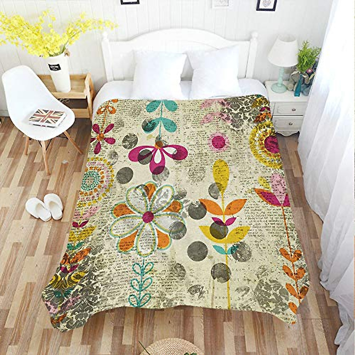 Moslion Soft Cozy Throw Blanket Bohemian Boho Flowers Fuzzy Warm Couch/Bed Blanket for Adult/Youth Polyester 60 X 80 Inches(Home/Travel/Camping Applicable)