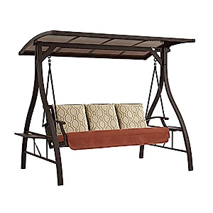 Ulax Furniture 3-Seat Outdoor Patio Swing Chair, Porch Swing Glider Chair with Convertible Canopy, Solar LED Light and Sunbrella Pillows for Poolside, Garden, Balcony, Backyard