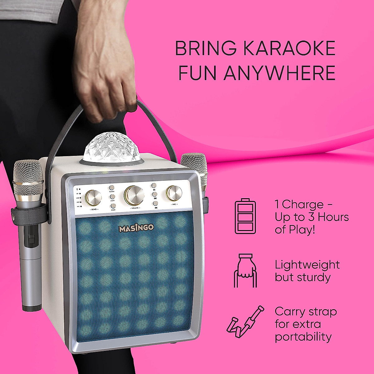 MASINGO 2023 Karaoke Machine for Adults & Kids with 2 Wireless Microphones - Portable Singing PA Speaker System Set w/Two Bluetooth Mics, Disco Ball Party Lights & TV Cable - Ostinato M7