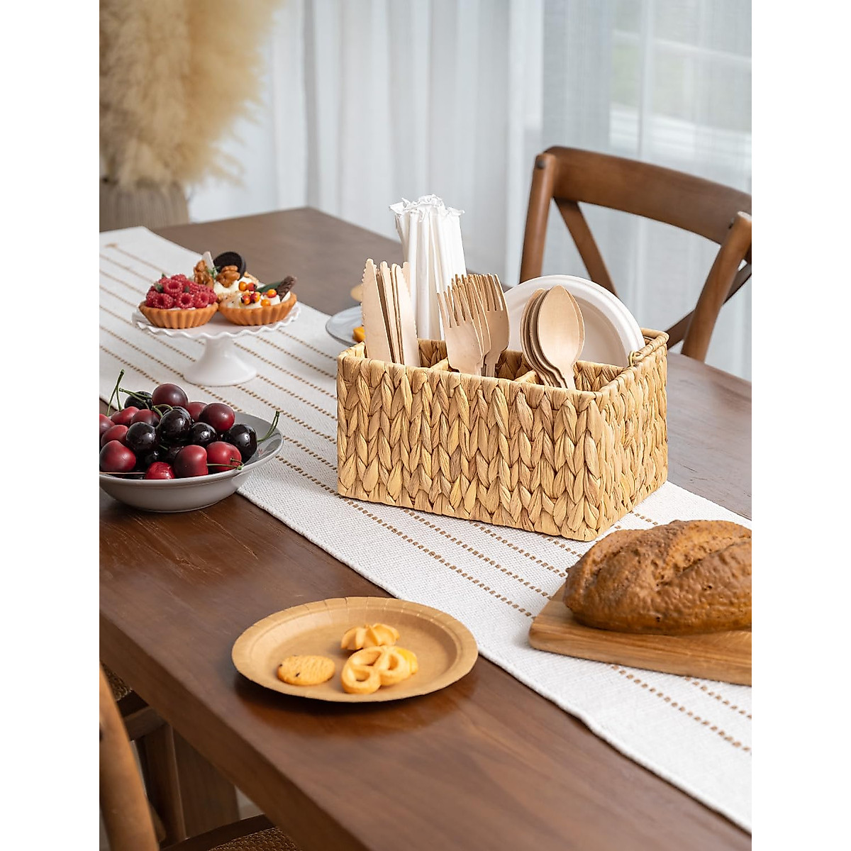 StorageWorks Wicker Flatware Organizer, Hand Woven Water Hyacinth Cutlery Holder for Countertop with Handle, 1 Pack