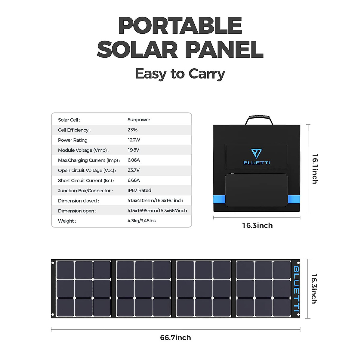 BLUETTI SP120 120W Solar Panel for AC200P/EB70/AC50S/EB150/EB240 Solar Generator,Portable Foldable Solar Panel for Outdoors Camping Vanlife Off Grid