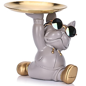 Bulldog Tray Statue and Sculpture Key Holder, French Bulldog Storage Candy Dish, Modern Key Bowl for Entryway Table Cool Office Desk Frenchie Decor, French Bulldog Gifts Key Basket Accessories