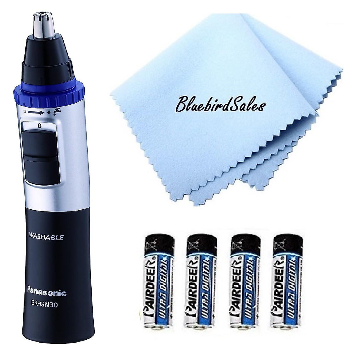 BluebirdSales Panasonic Men's Cordless Wet/Dry Electric Razor Bundle: ER-GN30-K Nose & Facial Hair Trimmer + 4AA Batteries Deluxe Cleaning Cloth