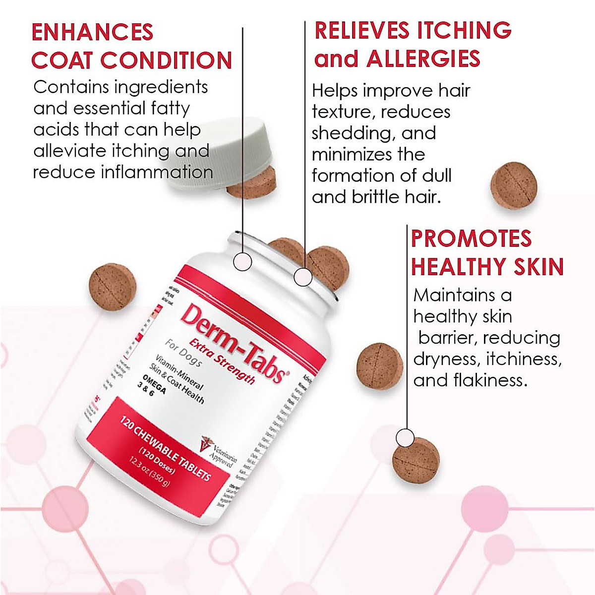 Derm Tabs Regular Strength for Dogs - Natural Oil, Vitamins, Minerals, and Antioxidants - Support Healthy Skin and Reduce Shedding - 120 Chewable Tablets