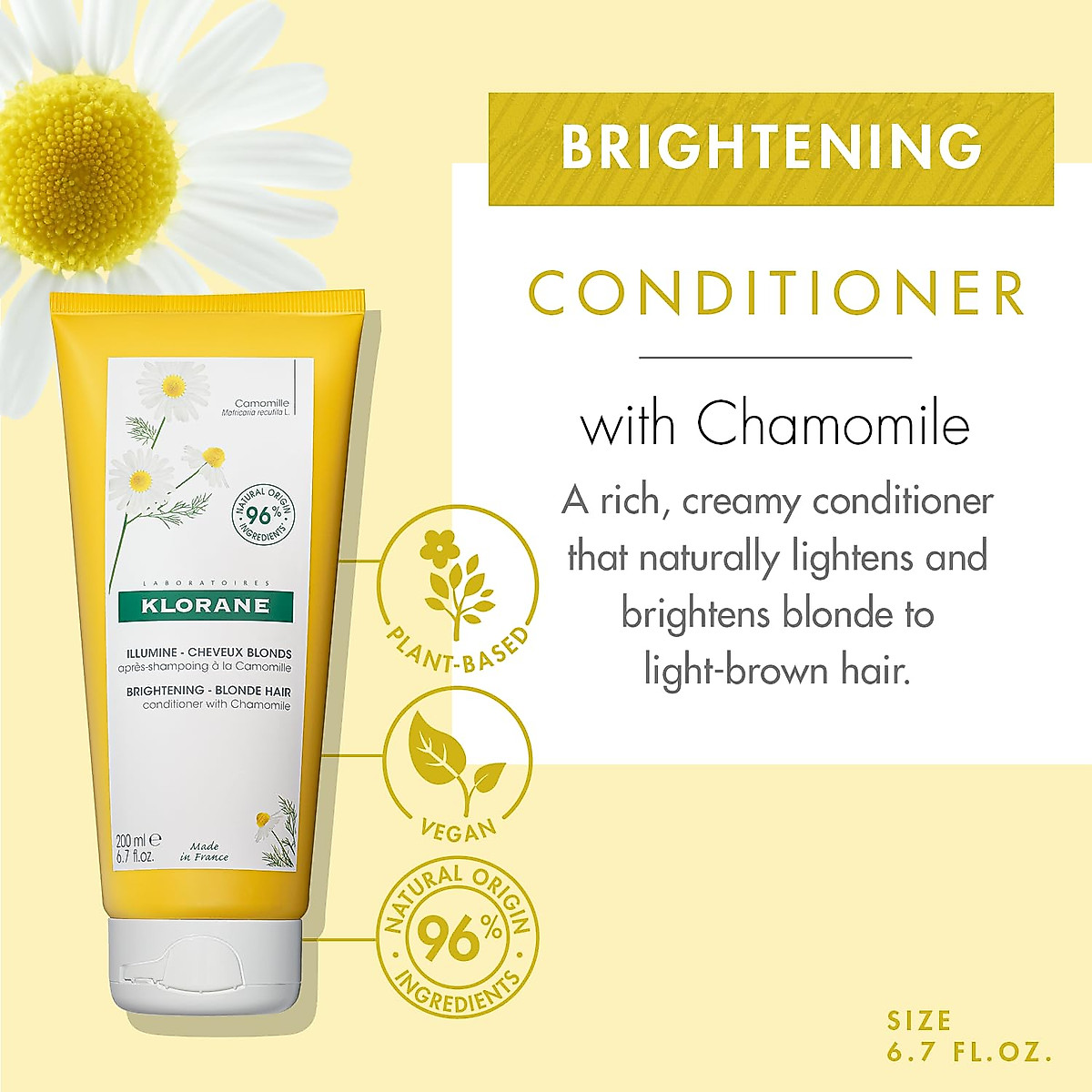 Klorane – Brightening Conditioner with Chamomile – Enhances Highlights & Brightens Blonde Hair – Hydrogen Peroxide, Ammonia, Silicone, Paraben & Sulfate Free – 6.7 fl. oz.