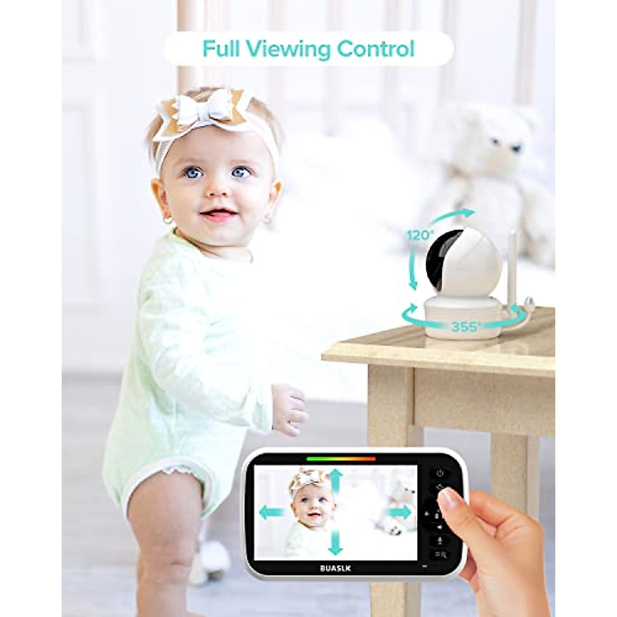 BUASLK Baby Monitor with Camera and Audio, 5" Screen Video Baby Monitor with Temperature Sensor, Two Way Talk and Remote pan-tilt-Zoom Camera, Night Vision and 960ft Range.
