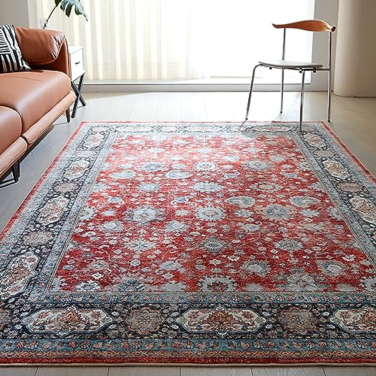 Rugcomf Area Rug 5x7 Washable Rug Boho Rug Soft Non-Slip Non-Shedding Faux Wool Vintage Rug for Living Room, Bedroom Rug, Farmhouse, Dining Room, Indoor, Kids Playroom (Red)