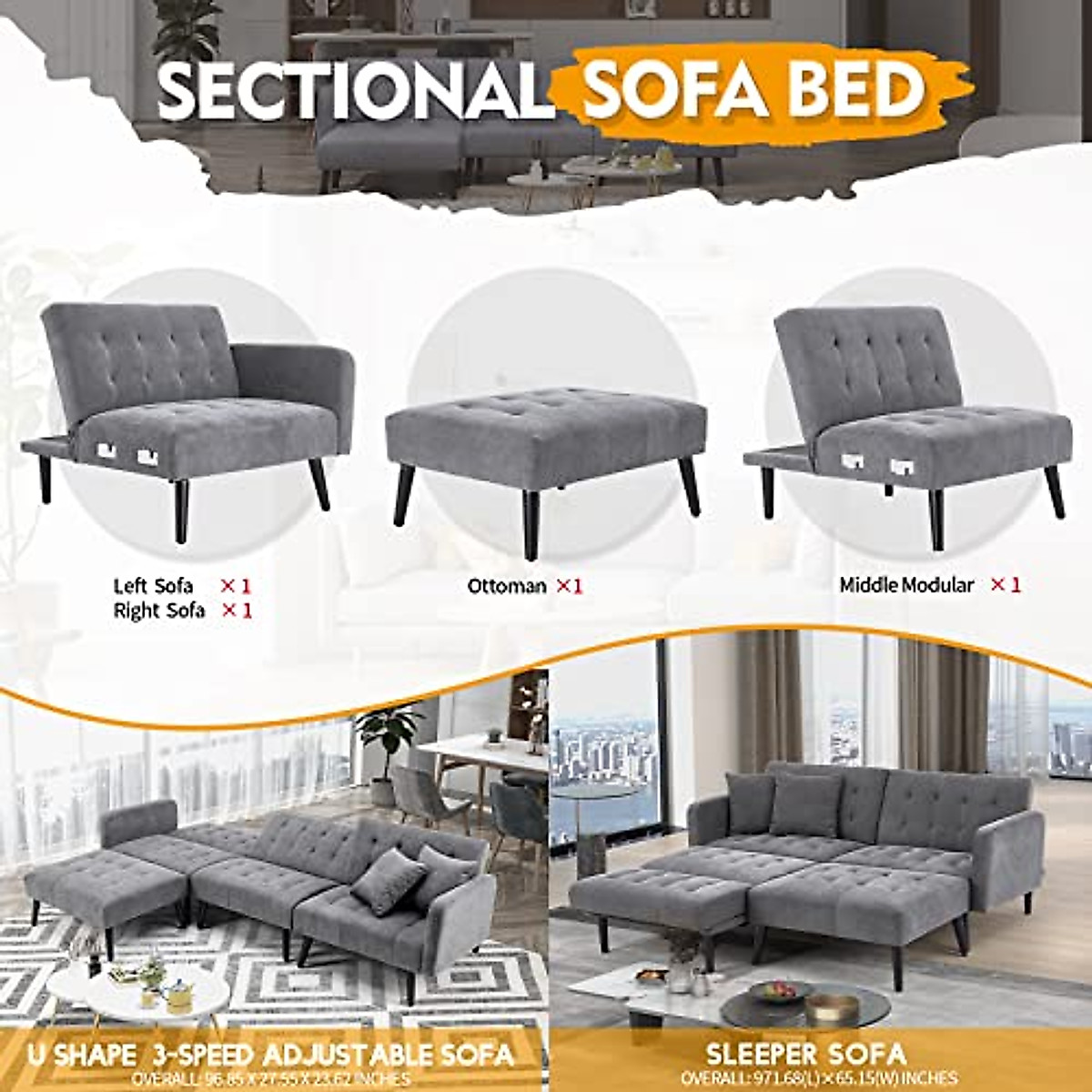 GYUTEI 100" Convertible Sectional Sofa Bed, Modern Linen 3-seat L-Shaped Couch with 3 Angle Adjustable Backrest, Upgrade Soft Cushion & Sturdy Construction for Living Room and Apartment (Dark Gray)