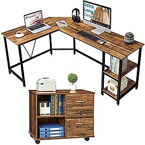 GreenForest L Shaped Corner Desk 65.7 inch with Storage Shelf and 2 Drawers File Cabinet Wooden Lateral File Cabinet with Open Storage Shelves
