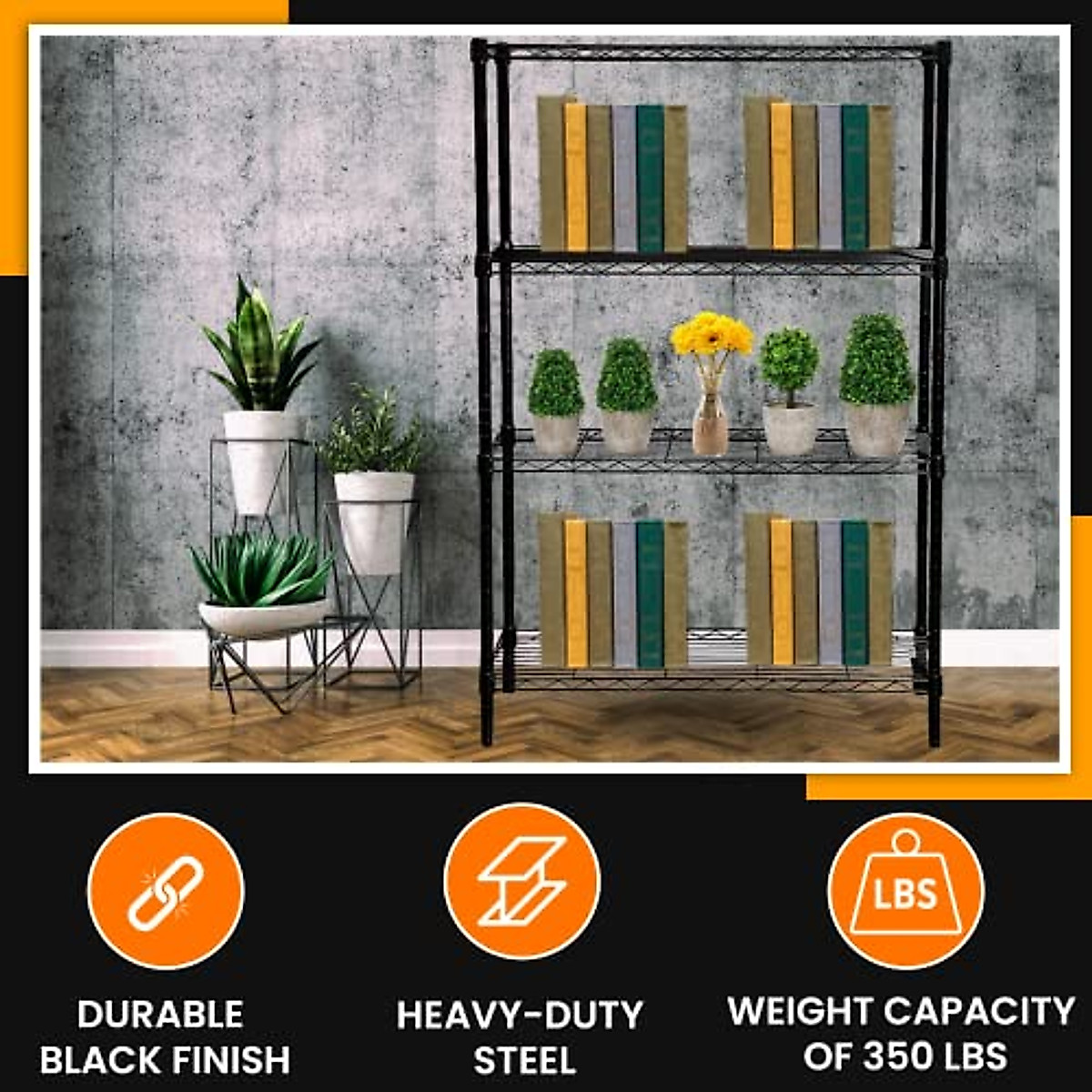 Juggernaut Storage 36" W x 14" D x 54" H Four-Shelf Steel Shelving Unit, 1400 lb Capacity, Black