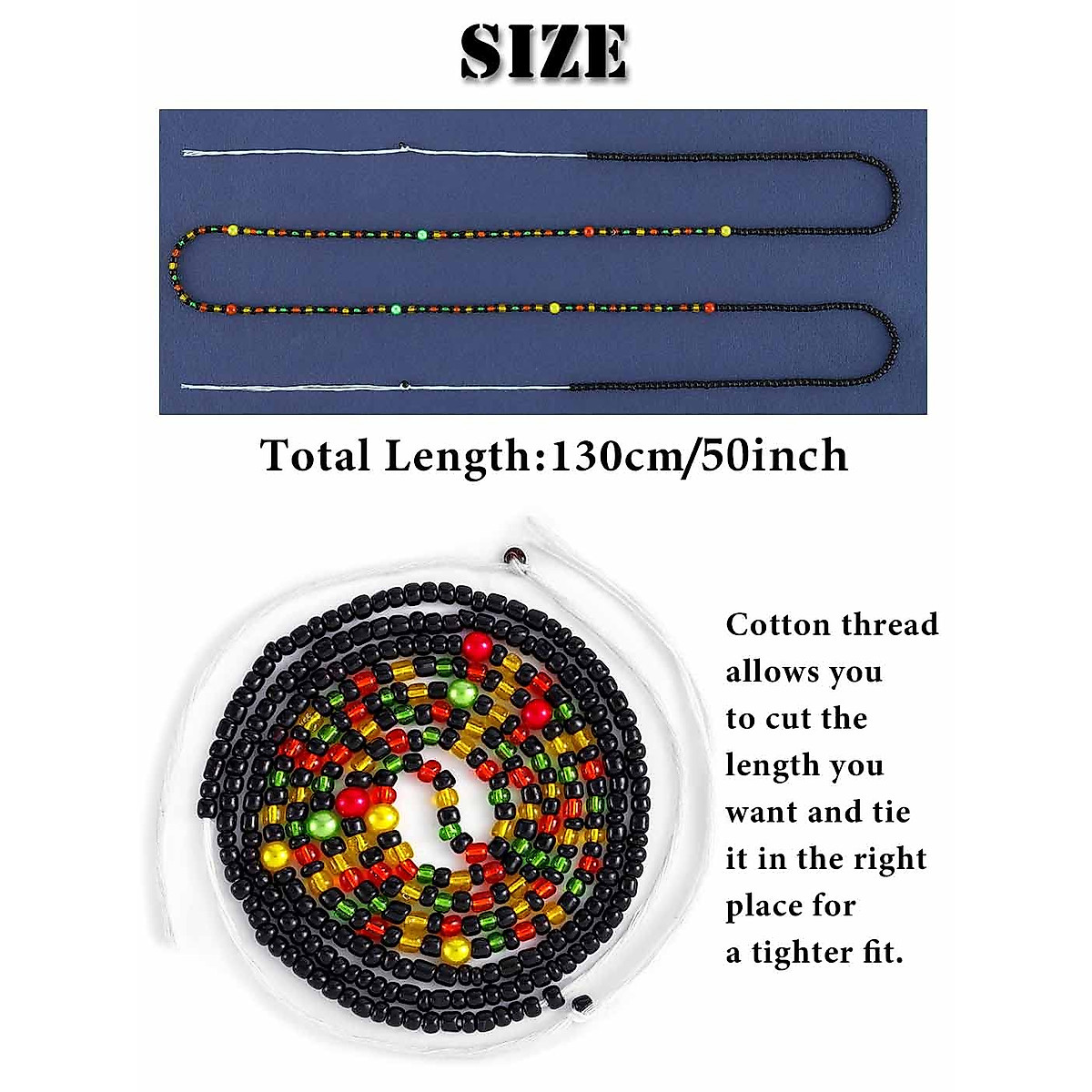ELABEST 50inch Plus Size African Waist Beads Belly Chain Non-Stretching Tie-on Bead Body Jewelry Accessories for Women and Girls (5)