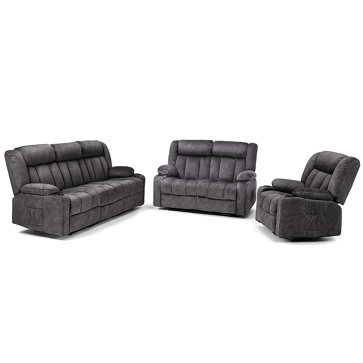 COMHOMA Manual Recliner Chair Set，Fabric Reclining Sofa Chair with Cup Holders, Upholstered Recliner with Side Pockets Suitable for Living Room Furniture (3+2+1)