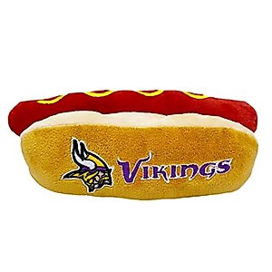 Pets First NFL Minnesota Vikings HOT Dog Plush Dog & CAT Squeak Toy - Cutest HOT-Dog Snack Plush Toy for Dogs & Cats with Inner Squeaker & Beautiful Football Team Name/Logo 8 x 5 x 3 Inches