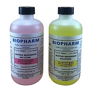 pH Buffer Calibration Solution Kit 2-Pack — one pH 4.00 (red) and one pH 7.00 (Yellow), Each 250 mL (8.4 fl oz) — NIST Traceable Reference Standards for All pH Meters