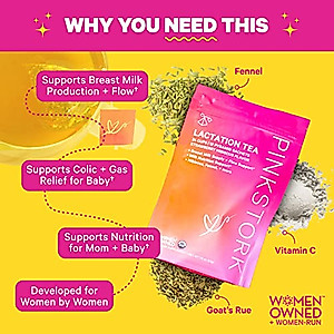 Pink Stork Lactation Tea: Organic Strawberry Hibiscus Nursing Tea, Fenugreek, Fennel, & Goat's Rue for Breast Milk Supply, Breastfeeding Essentials, Postpartum Essentials, Women-Owned, 24 Cups