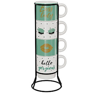 American Atelier Ceramic Green Multi-color Mug & Rack Set – 4 Cups & Standing Metal Rack for Kitchen Countertop, Tabletop, Island, or Café Display – Gift for Tea & Coffee Lovers, 14 oz, Boss Lady