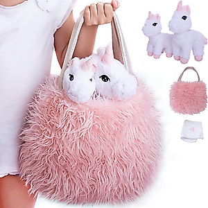 Perfectto Design Unicorn Toy for Girls Age 3-10. 4 PCS Set - Mommy and Baby Stuffed Animals, Bag and a Doll Blanket. Unicorn Gift for 3-8 Year Old Birthdays and Christmas.