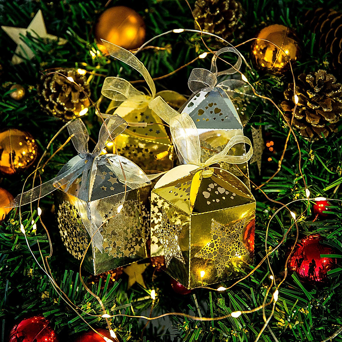 Naler 40pcs Mini Paper Treat Boxes Candy Goodie Gift Boxes with Ribbon for Halloween Christmas Wedding Favor Party Gift Wrap Decoration, Gold & Silver, 2 x 2 x 3 Inches