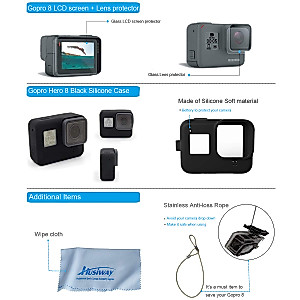 Husiway Action Camera Accessories Kit for Gopro Hero 8 Black Waterproof Housing Silicone Case Glass Screen Protector are Compatible with Gopro8 Hero8 62D