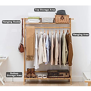 COPREE Bamboo Garment Coat Clothes Hanging Heavy Duty Rack with top Shelf and Shoe Clothing Storage Organizer Shelves