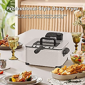 Eficentline 1700W 5 Liters/20 Cups Electric Deep Fryer with 3 Frying Basket, Adjustable Temperature, Lid with View Window, Polished Stainless Steel with 100Pcs 8Inch Fryer Paper, Perfect for Kitchen Chicken, Fry Fish, Chips and More